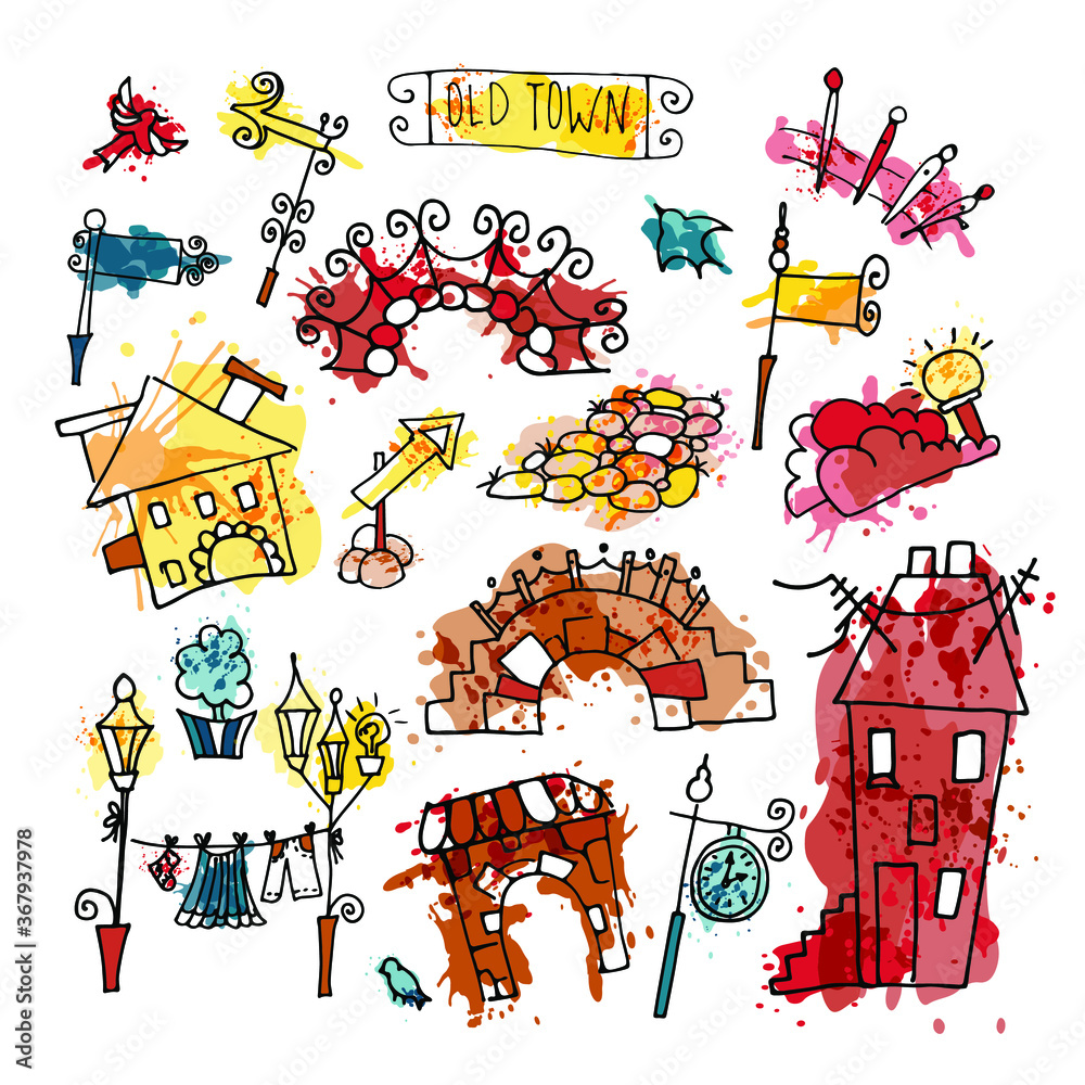 Collection of old town buildings and items in doodle, cartoon design ...