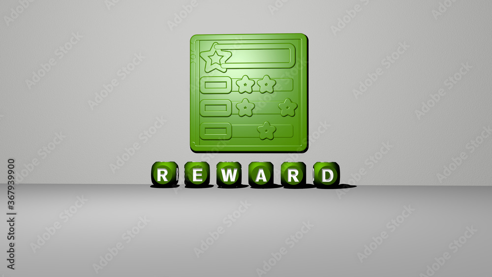3D representation of REWARD with icon on the wall and text arranged by ...