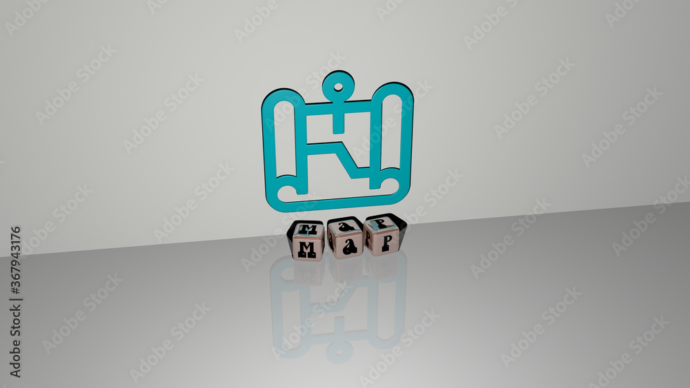 3D representation of map with icon on the wall and text arranged by ...