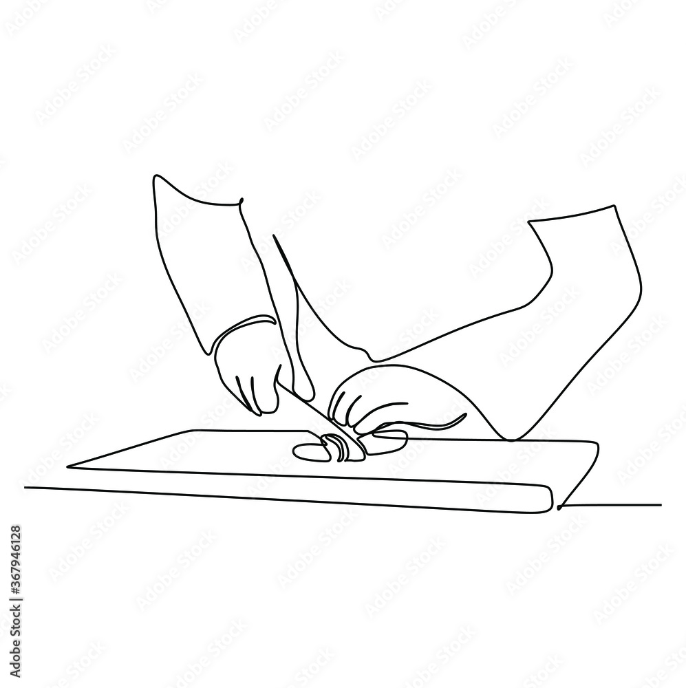 Hands of chef chopping the ingredient on a plate. Continuous one line ...