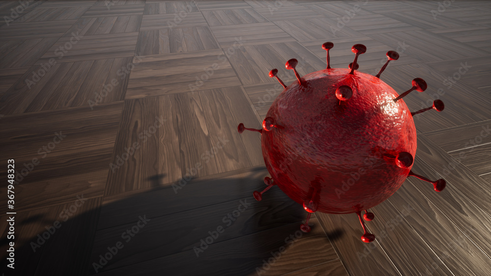Concept or conceptual red 3d illustration of coronavirus on wooden ...