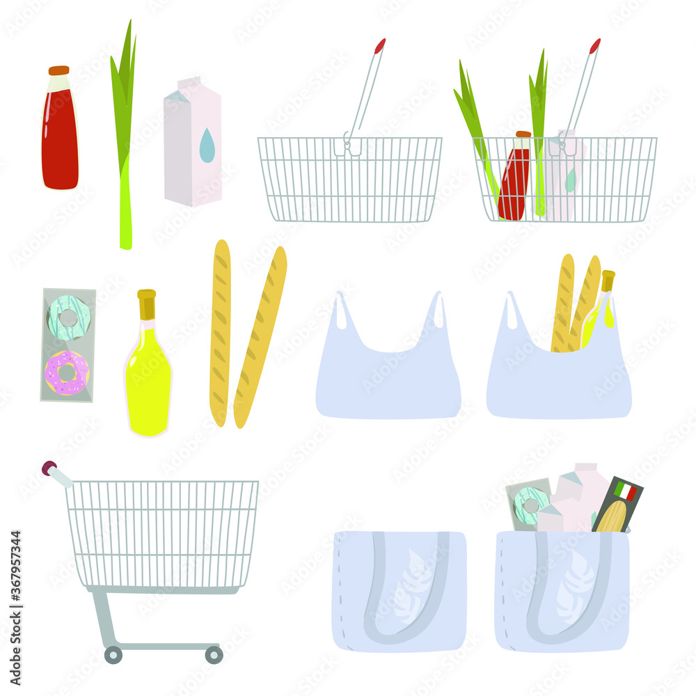 Food store, supermarket elements flat vector illustration. Set of ...