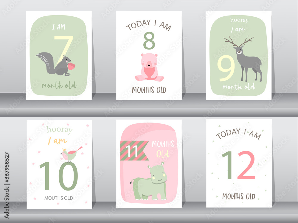 Cute baby month anniversary card,Milestone cards,Vector illustrations ...