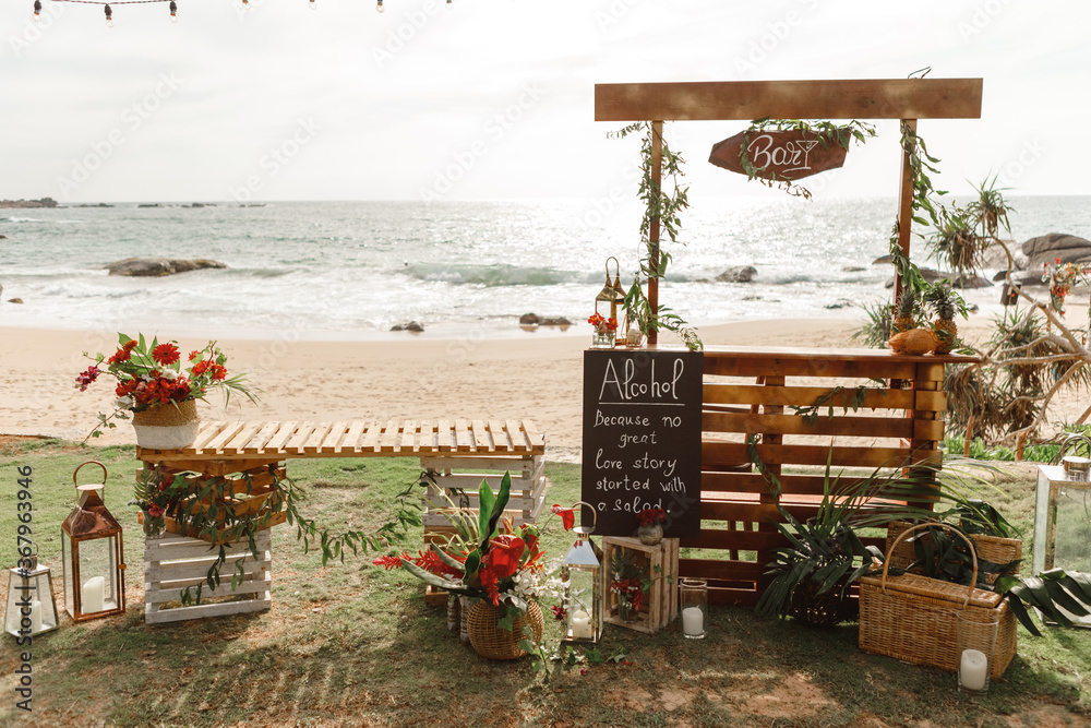 Bar bungalows on the beach ocean coast. Summer vacation in a tropical ...