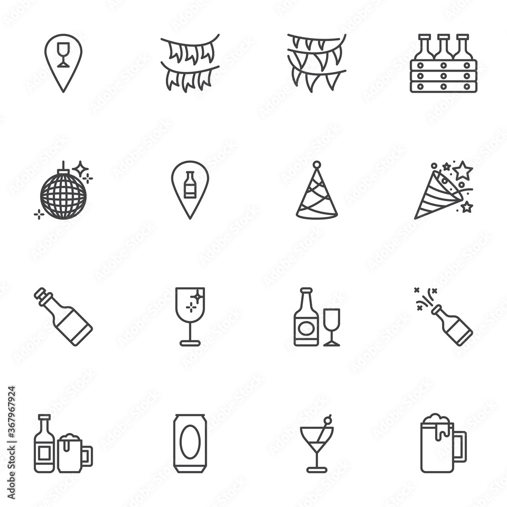 Party birthday celebration line icons set, outline vector symbol ...