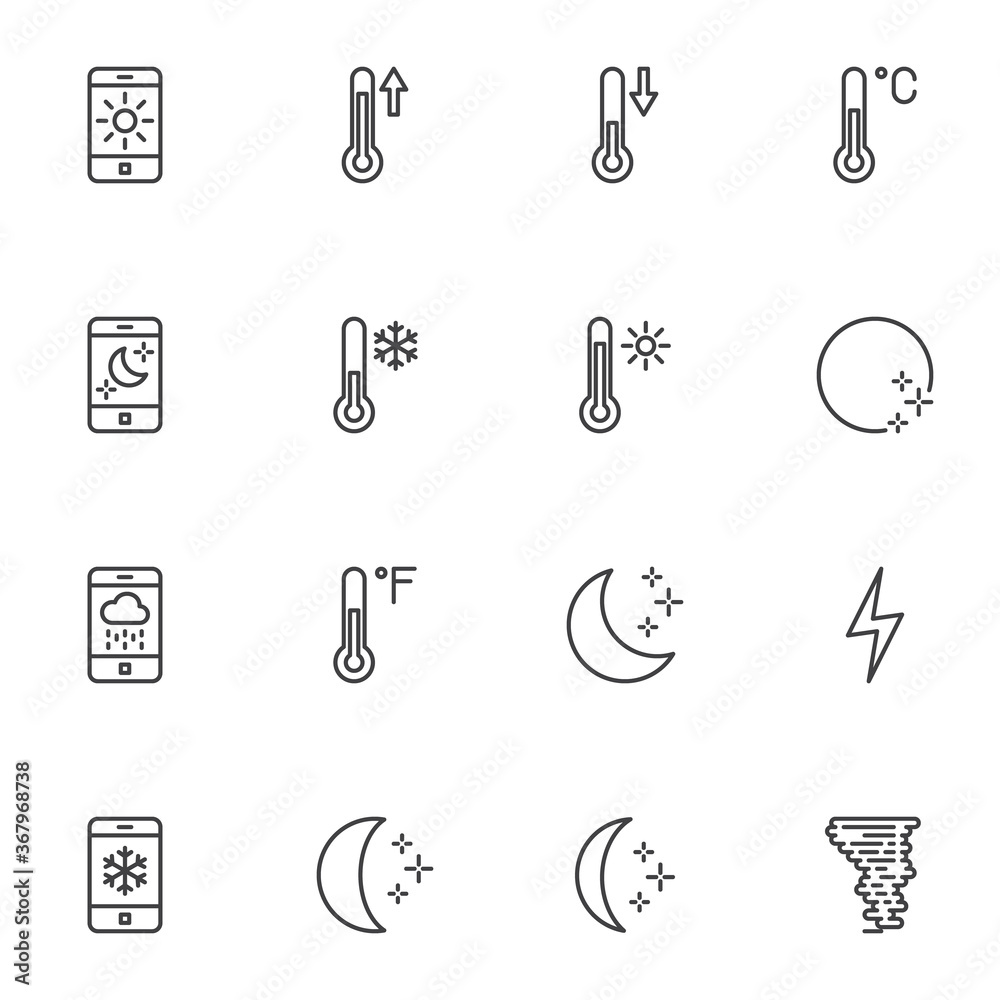 Weather temperature line icons set, outline vector symbol collection ...