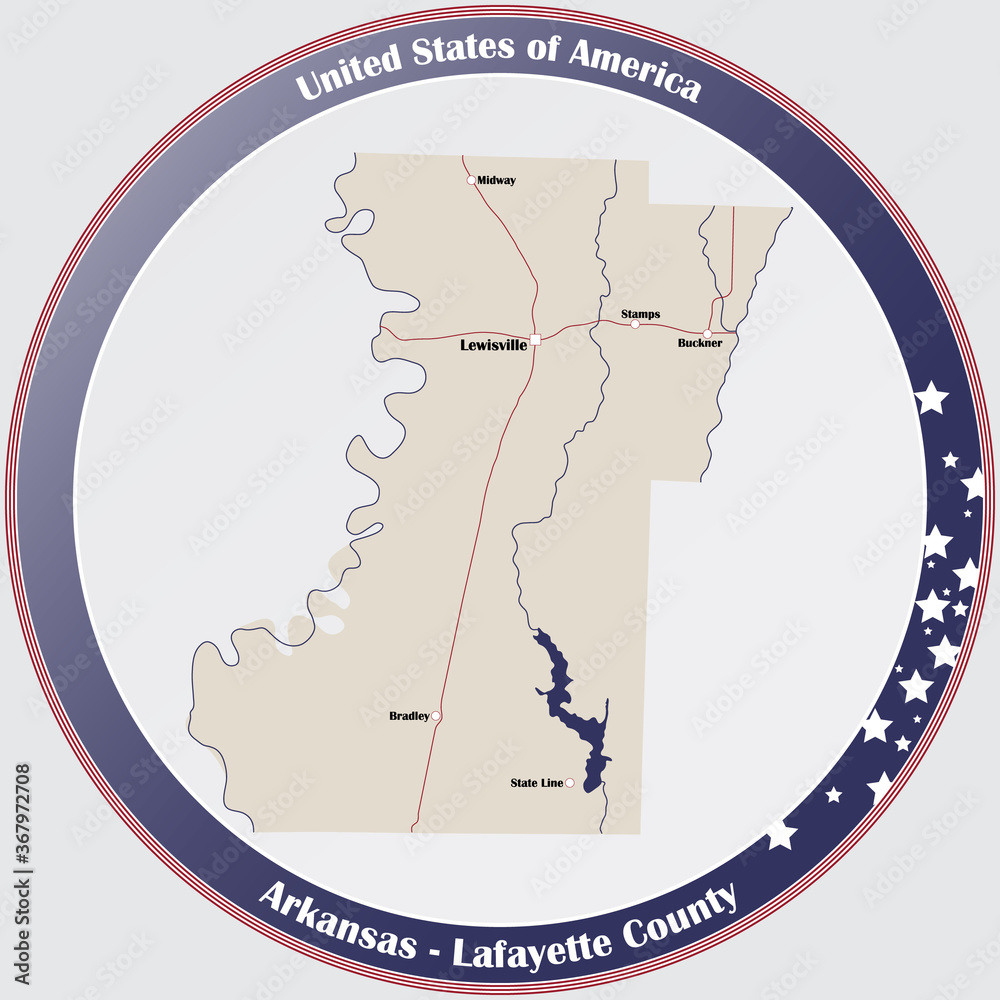 Round button with detailed map of Lafayette County in Arkansas, USA ...