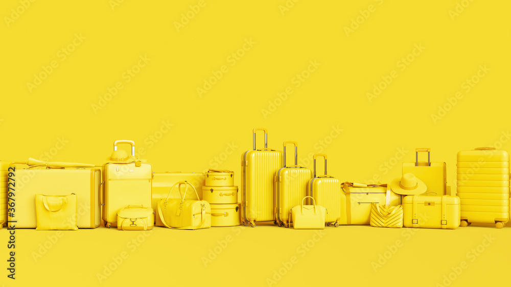 Yellow luggage on yellow pastel background. Yellow suitcases travel ...