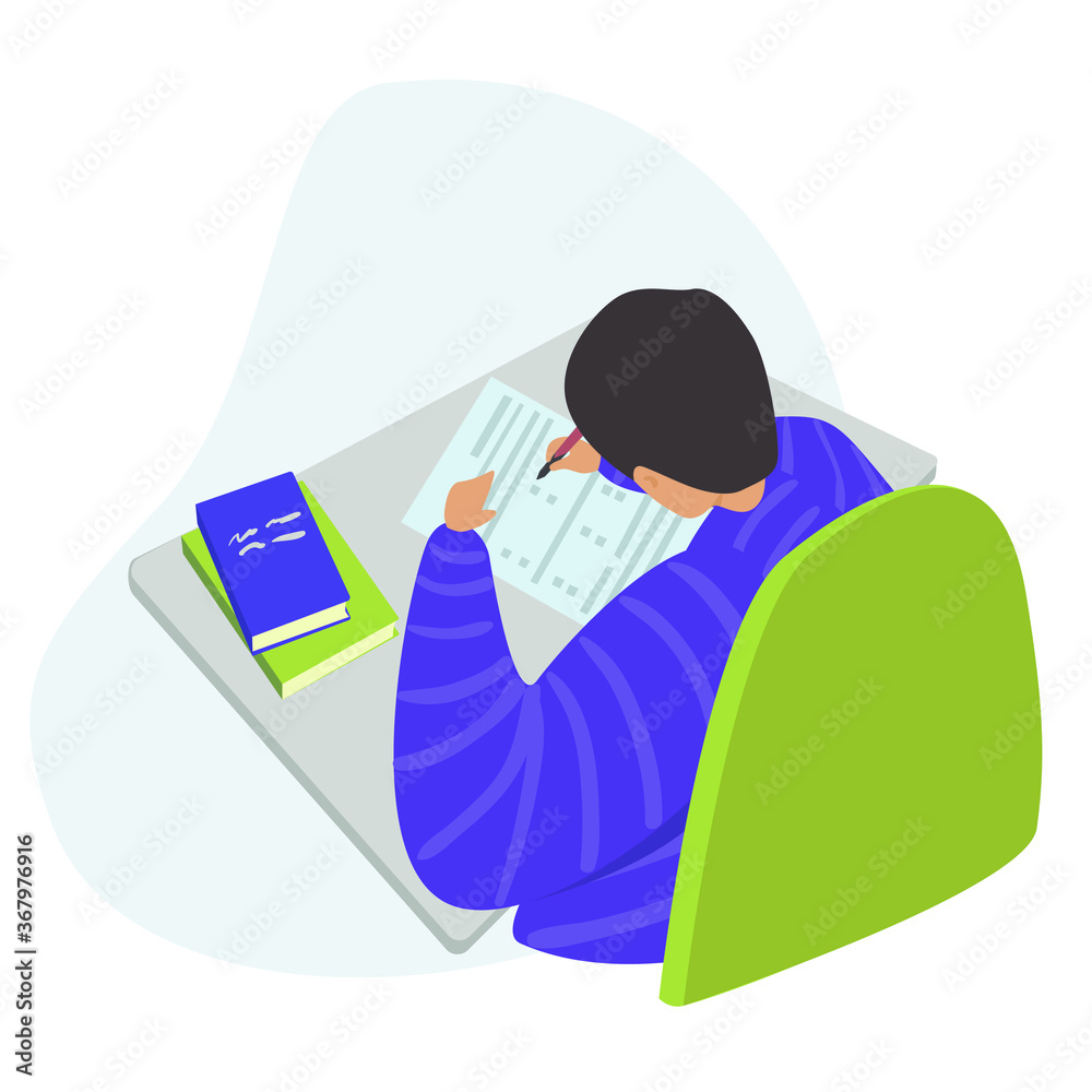 Passing test, exam flat vector illustration. A guy, a student, sits at ...