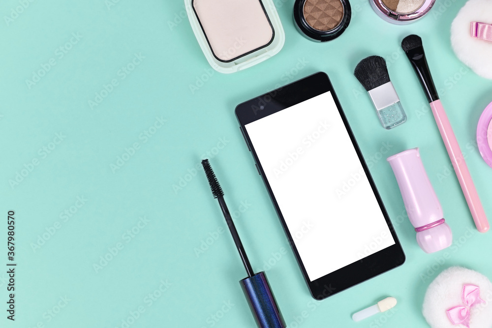 Flat lay with blank black smart phone with empty white screen ...