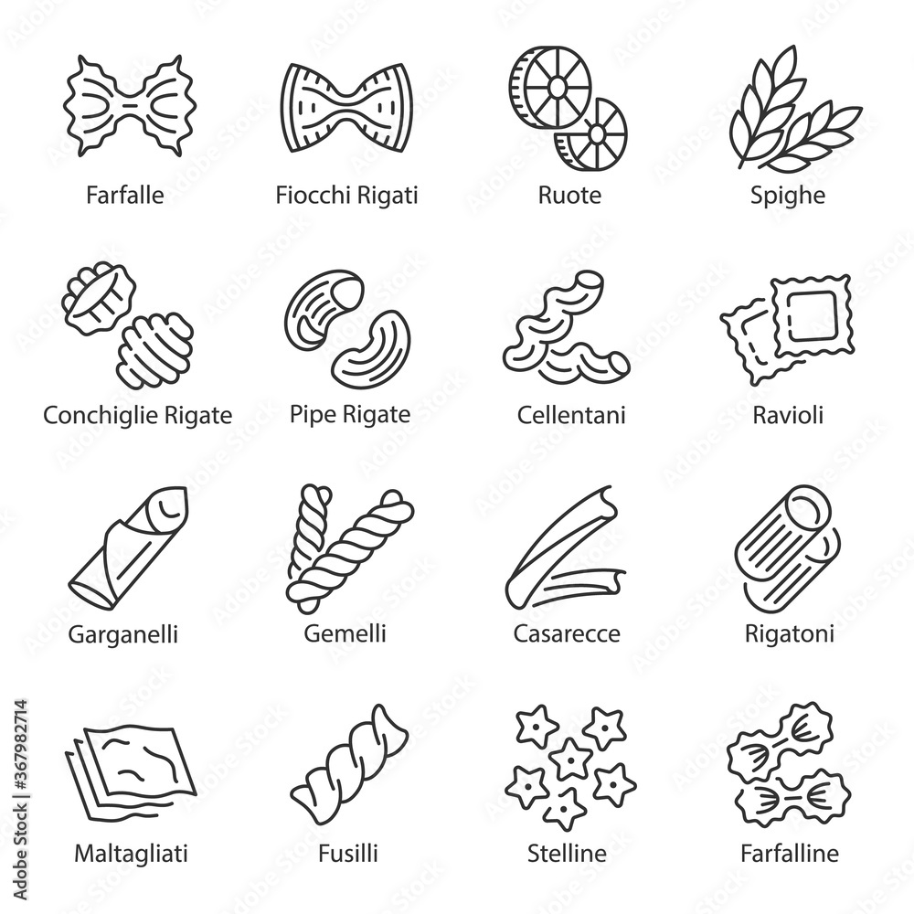 Pasta, icon set. macaroni various shapes with the name, linear icons ...