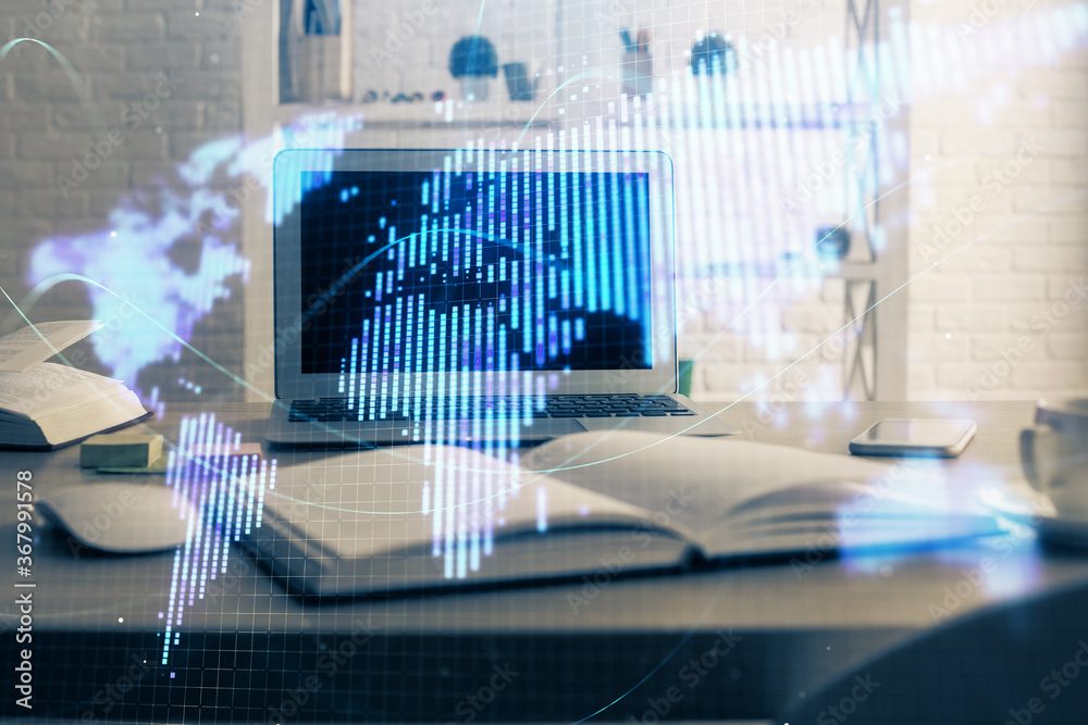 Multi exposure of business theme icons and table with computer ...