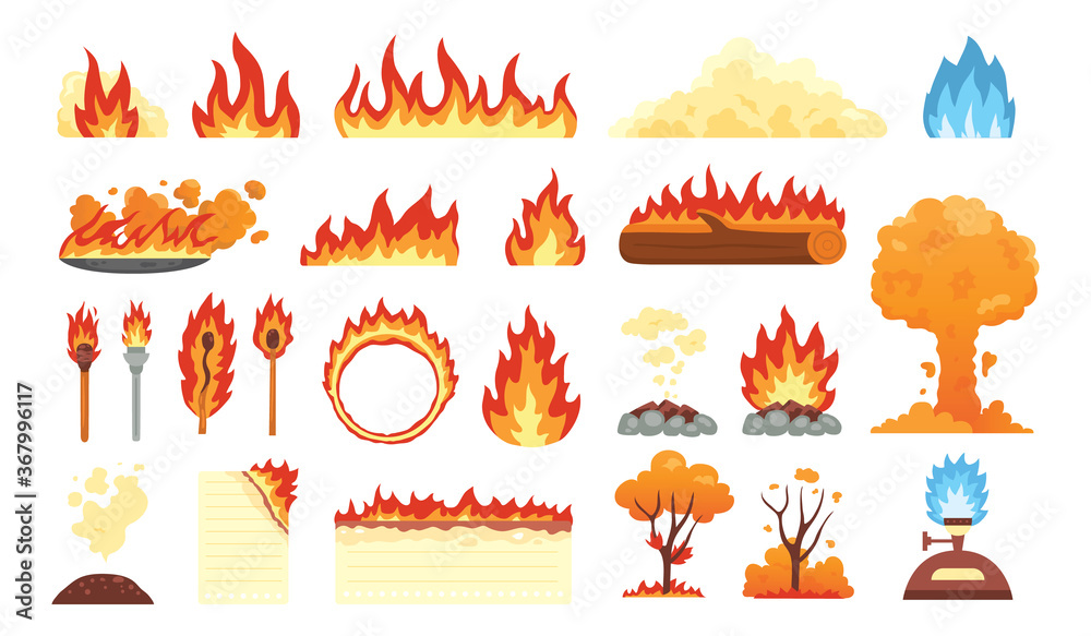 Set of hot flaming elements. Vector collection of fire flame icons in ...