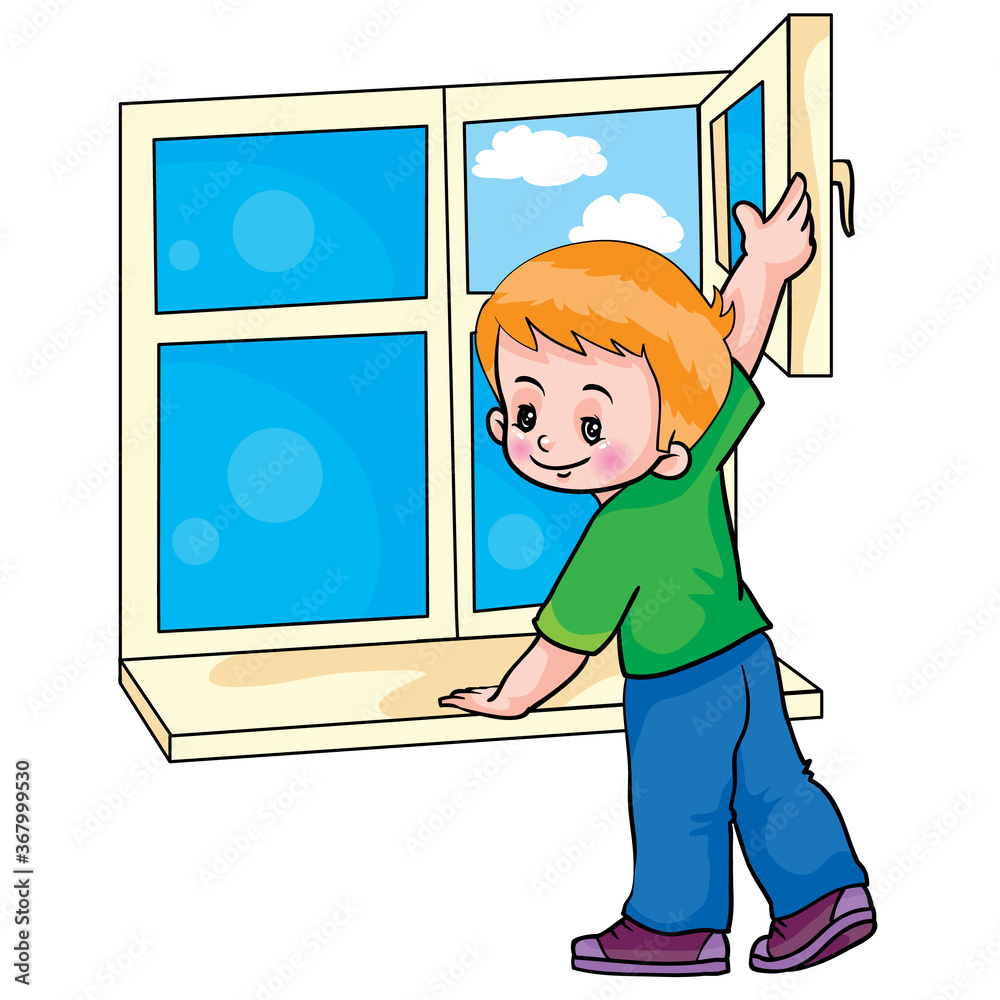 boy opens a window and ventilates the room, cartoon illustration ...