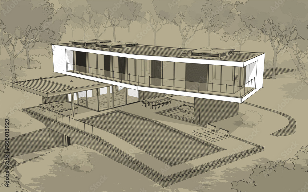 3d rendering of modern cozy house on the hill with garage and pool for ...