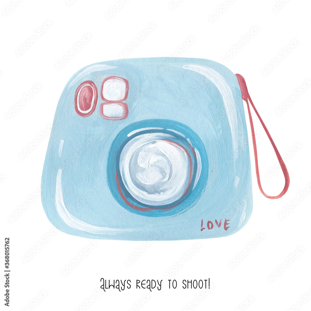 Pastel blue camera illustration. Retro cartoon style. Careless rounded ...