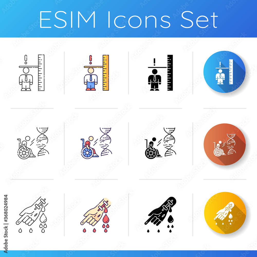 Genetic condition icons set. Adult with dawrfism. Inclusive workplace ...