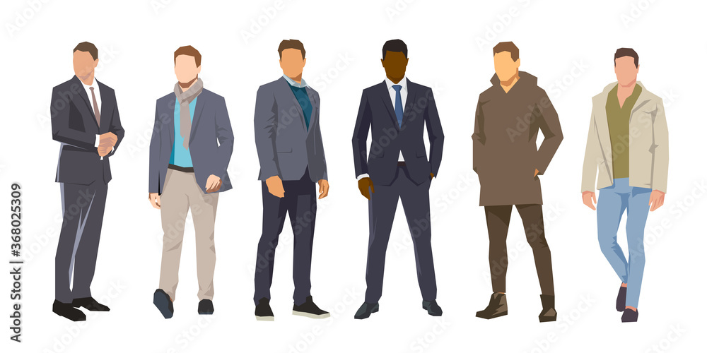 Group of men. Adult people. Flat design vector illustrations. Front ...