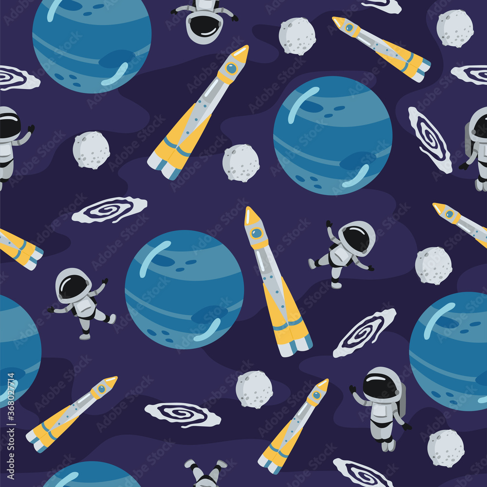 Space children's seamless pattern with planets, rocket in cartoon style ...