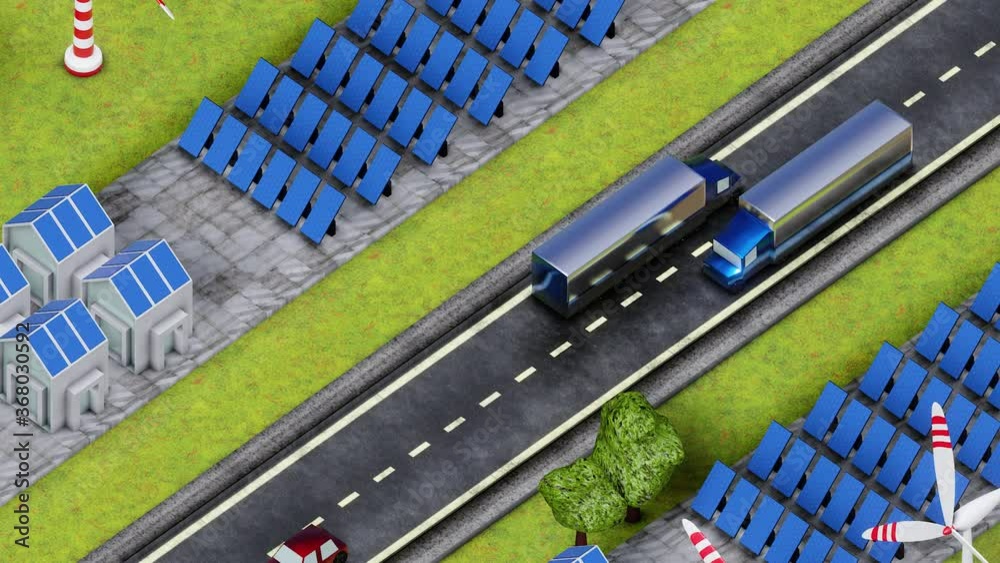 3d motion looping scene of solar panels and wind turbines generating ...