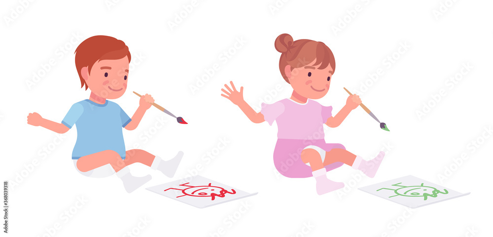 Toddler child, little boy and girl drawing a picture with paints. Cute ...