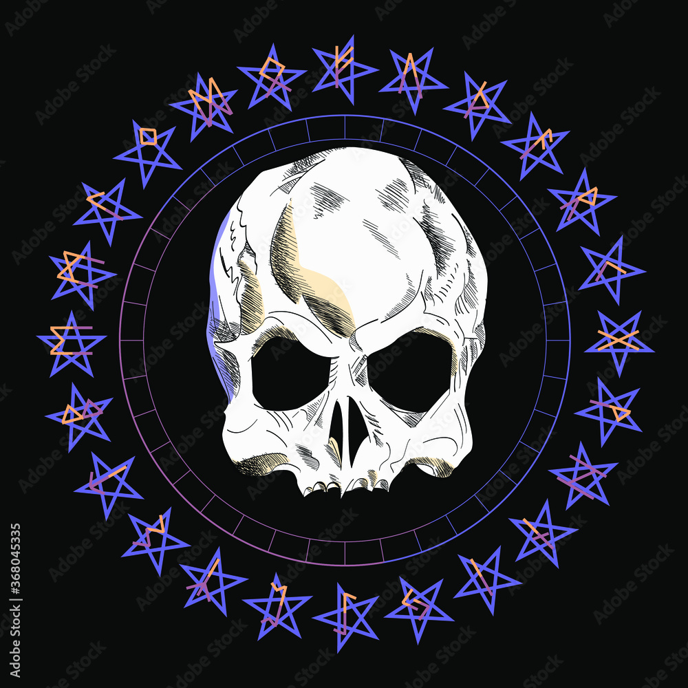 T-shirt vector design of a skull over an inverted star and runic ...
