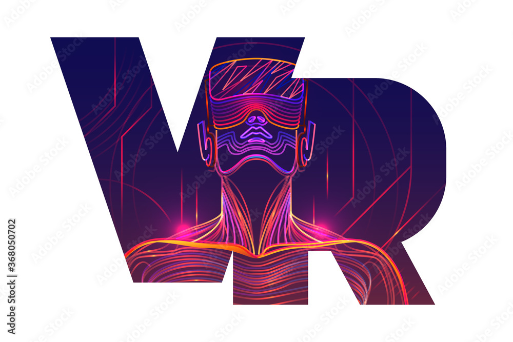 VR letter logo design. Person wearing virtual or augmented reality ...