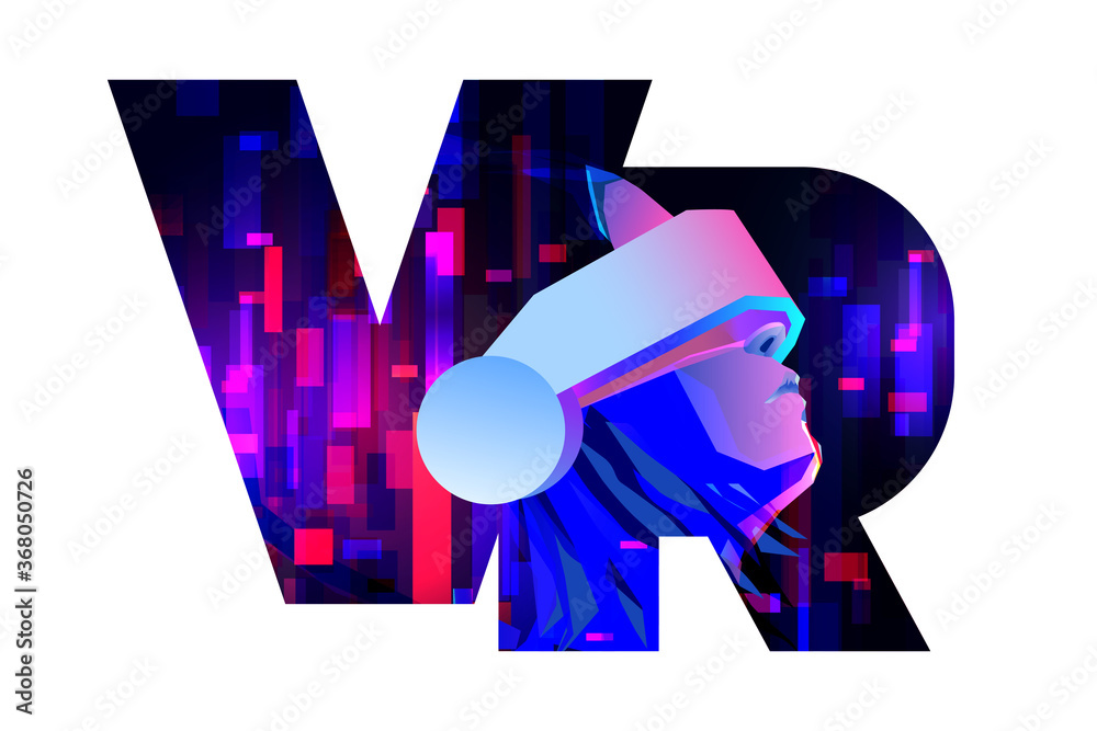 VR letters composition. Woman wearing virtual or augmented reality ...