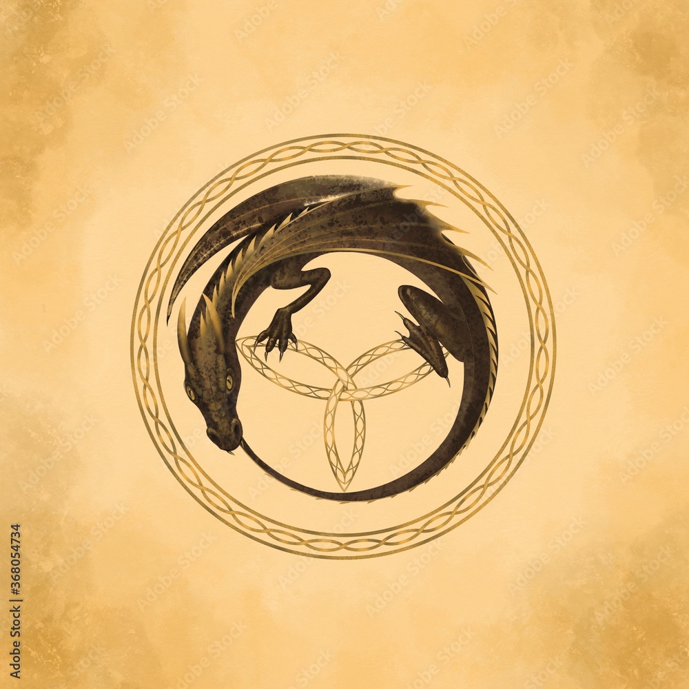 Dragon with Trinity Knot. Hand drawn digital illustration in Celtic ...
