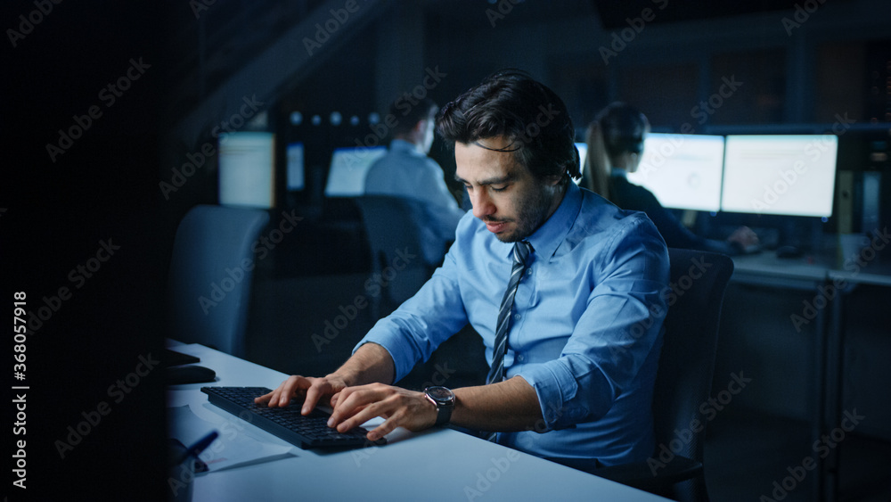 Poster In the Office at Night Overworked Tired Office Worker Uses ...