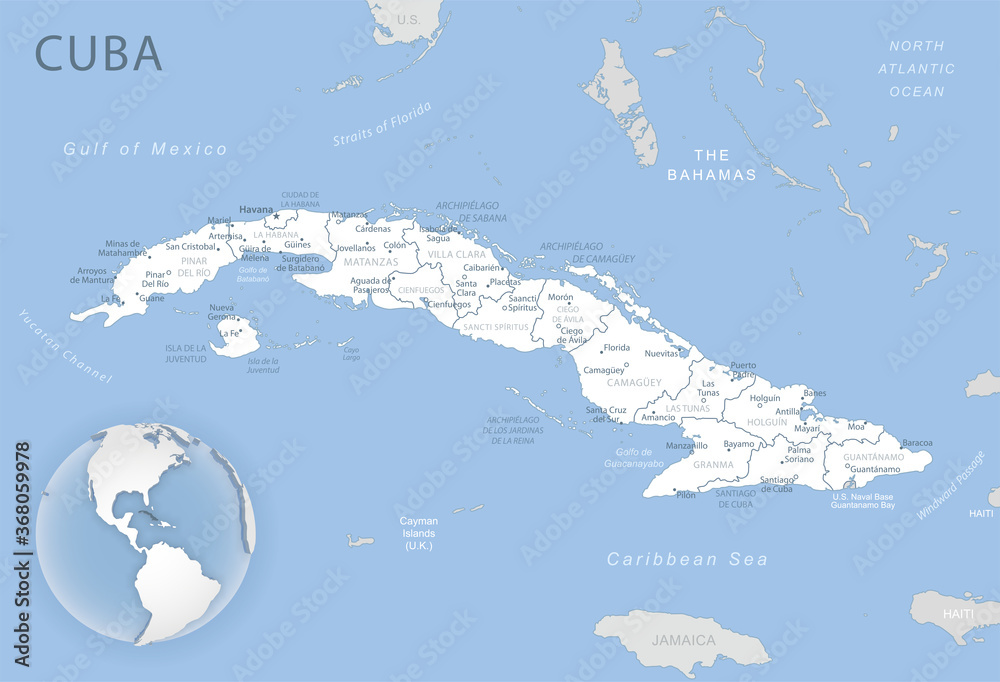 Blue-gray detailed map of Cuba administrative divisions and location on ...