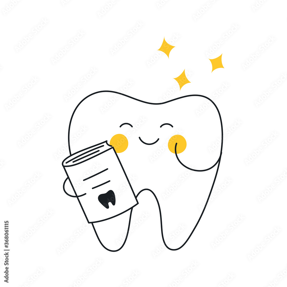 Cute cartoon tooth holding a book with a tooth logo. Health education ...