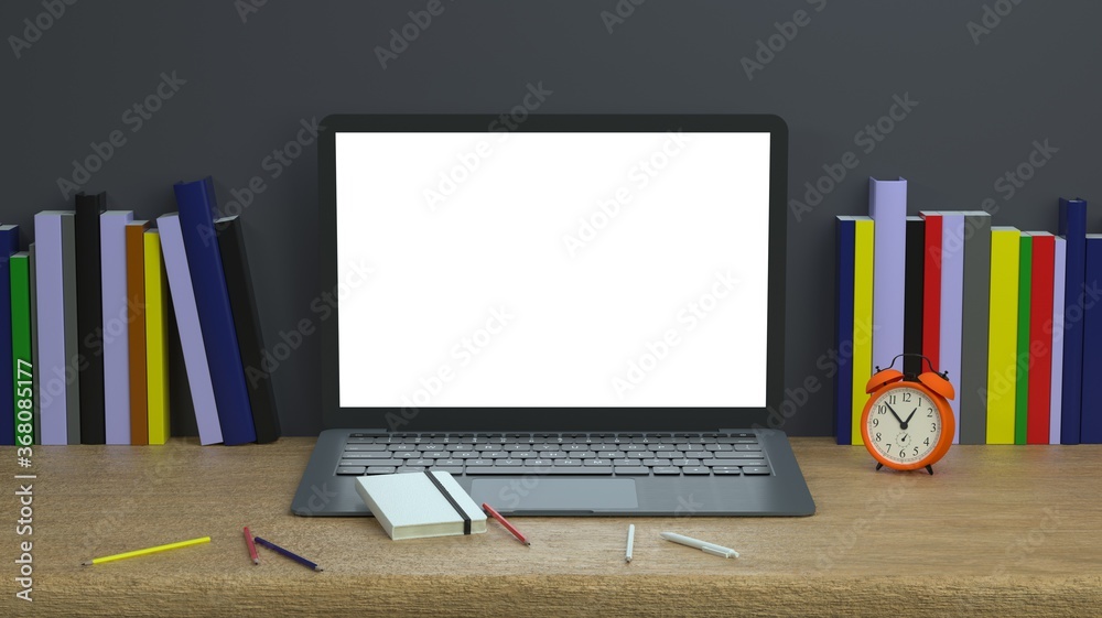 Back to school with laptop, notebook and alarm clock on wood student ...