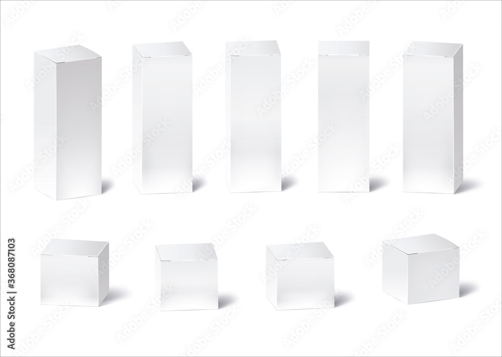 Blank white box mockup. Different positions of retail cardboard box for ...