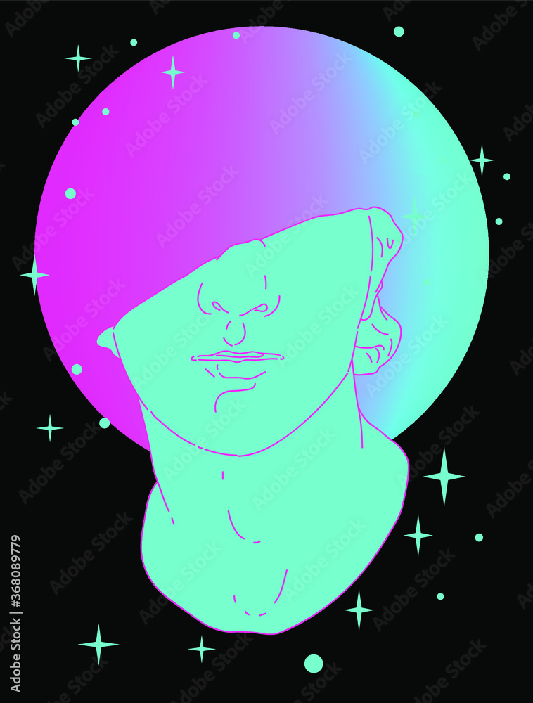 Line art style illustration of fragmentary colossal head of a youth ...