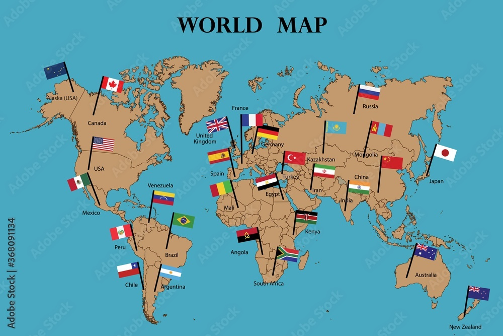 Map of world and Flags of World countries drawing by illustration ...