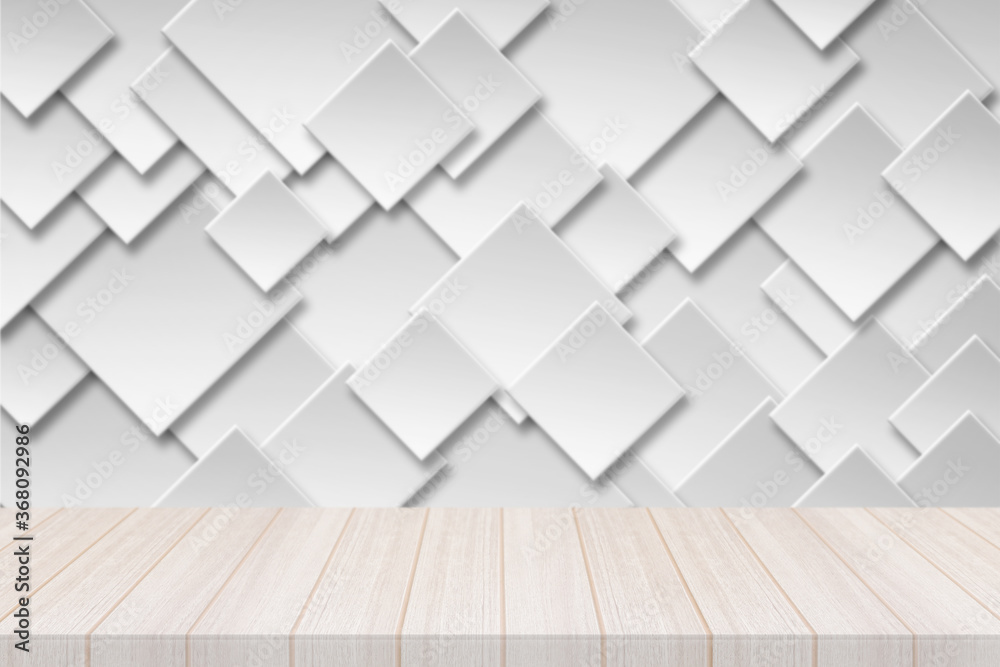 Perspective white wood table top with Paper square banner with drop ...