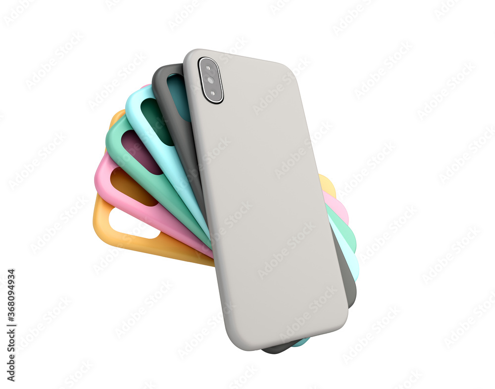 multicolored phone cases presentation for showcase 3d render on white ...