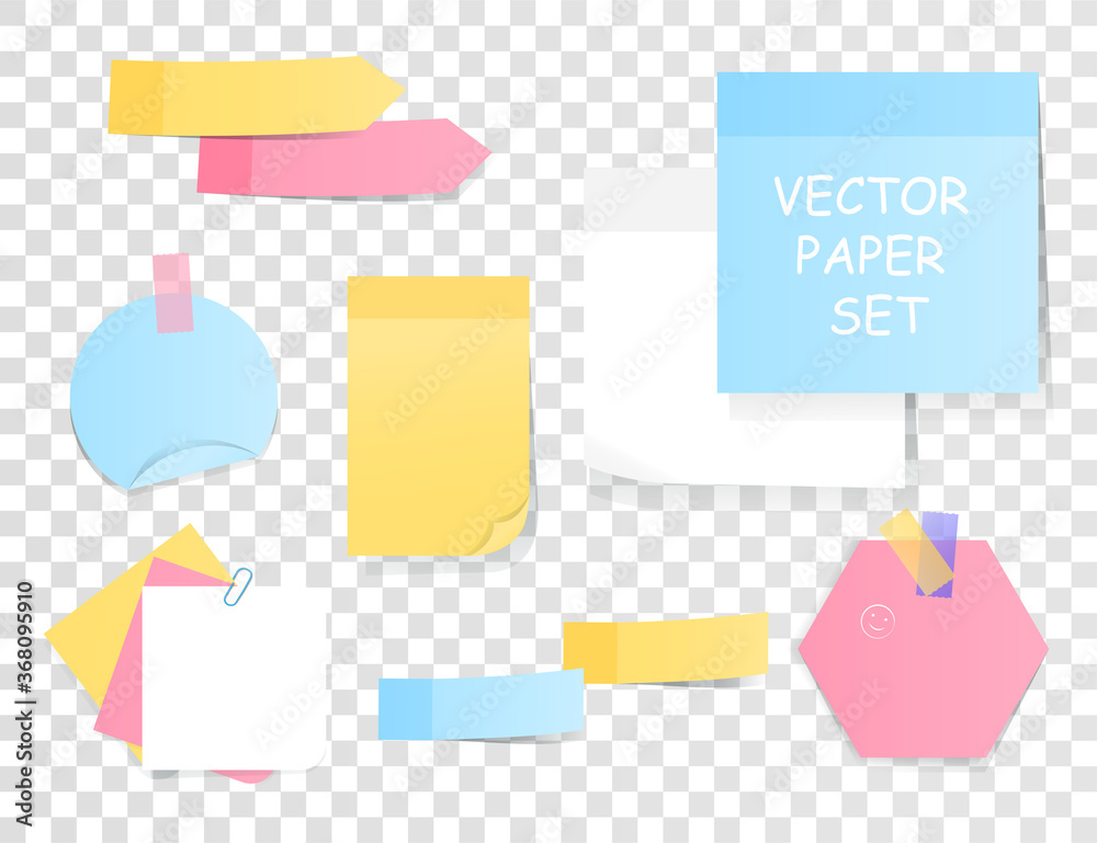 Set of blank sticky notes and memos in assorted colors and shapes for ...