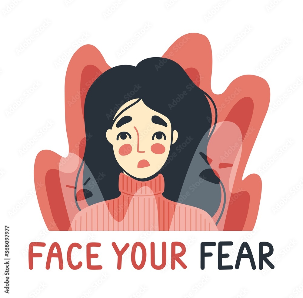 Face your fear, phobia, insomnia concept. Frightened, scared young ...