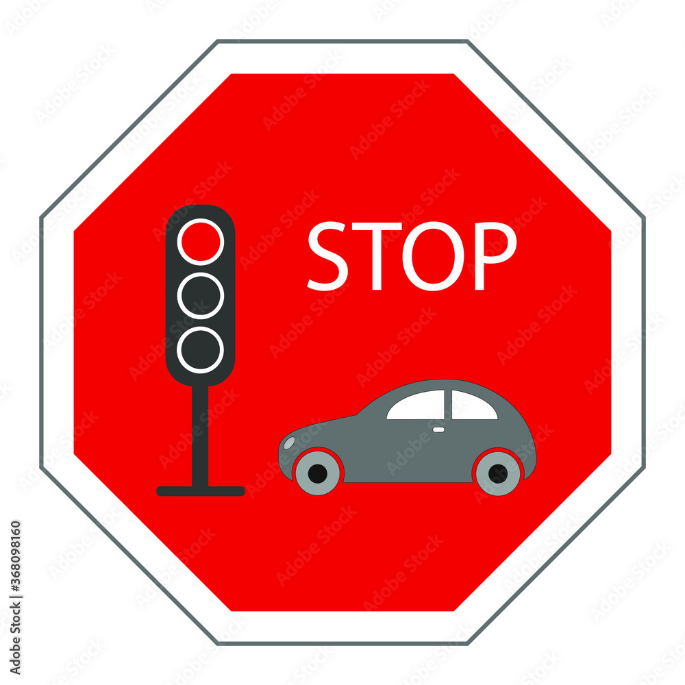 Traffic sign "Stop" with traffic light and car Stock Vector | Adobe Stock