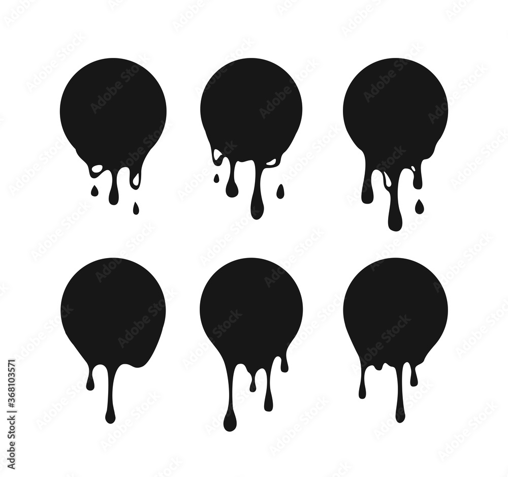 Dripping circle paint. Drip drops, round spots, splash shapes, ink ...