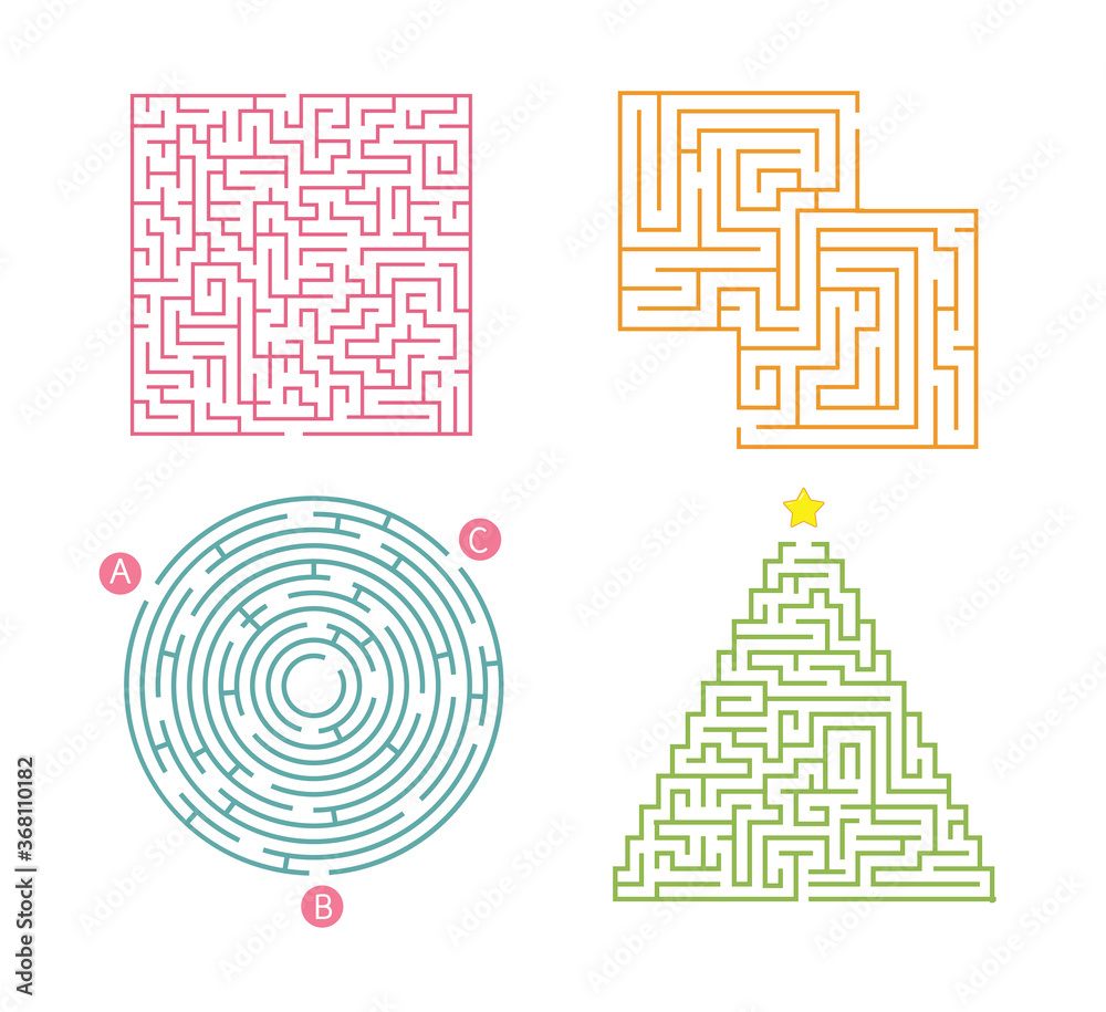 Set of 4 maze. Labyrinth shape design element. Simple round, square and ...