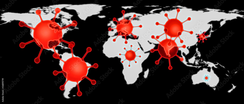 3D-Illustration of a world map showing corona virus hotspots in the USA ...