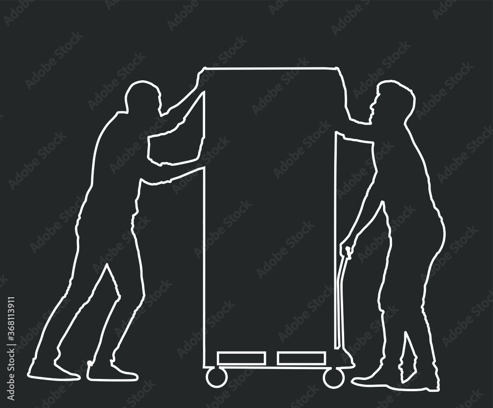 Hard workers pushing wheelbarrow and carry big box vector line isolated ...