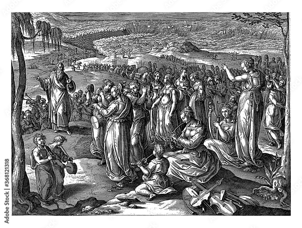 Moses and the Israelites say a song of thanks, vintage illustration ...