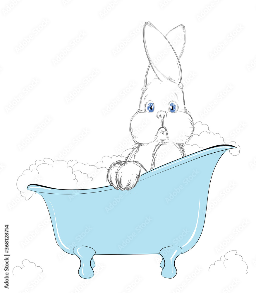 Vector Illustration of a Cute Little Bathing Bunny with Foam. Freehand ...