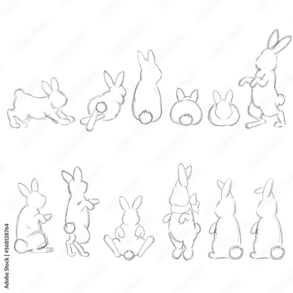 Set of a Vector Illustration of White Rabbits. Contour Sketches of ...
