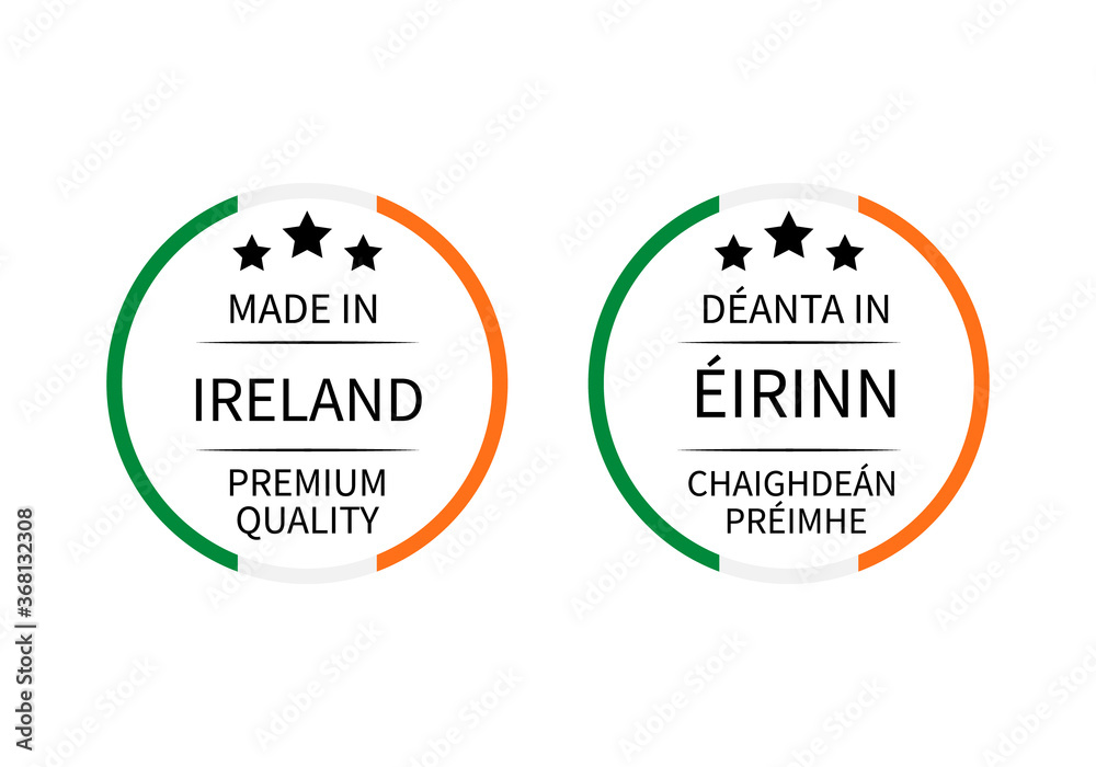Made in Ireland labels in English and Irish languages . Quality mark ...
