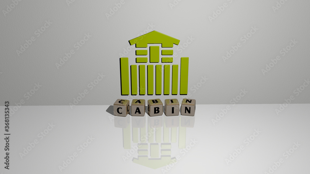 3D illustration of cabin graphics and text made by metallic dice ...